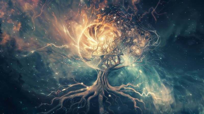 Surreal Cosmic Tree with Radiant Energy and Abstract Patterns Stock ...