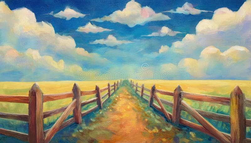 Surreal Country Scene with Whimsical Cloud Shapes Stock Illustration ...