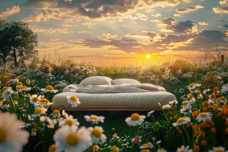 Surreal Cozy Bed in the Middle of the Flowers Meadow Stock Illustration ...