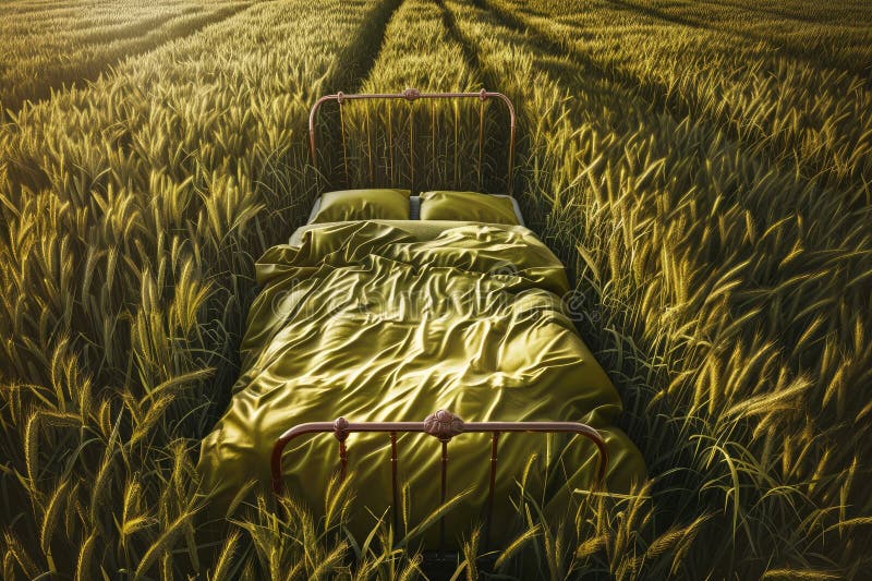 Surreal Cozy Bed in the Middle of the Grasses Field Stock Illustration ...