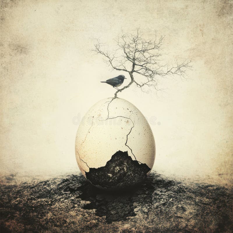 Surreal Cracked Egg with Tree and Bird on Top Stock Image - Image of ...