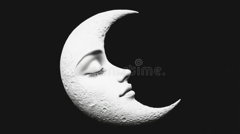 Surreal Crescent Moon with Tranquil Human Face in Cosmic Harmony Stock ...