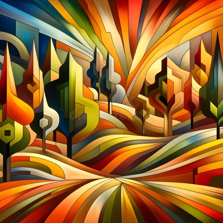 Surreal Cubist Hilly Fall Landscape with Patchwork Trees that Overlap ...