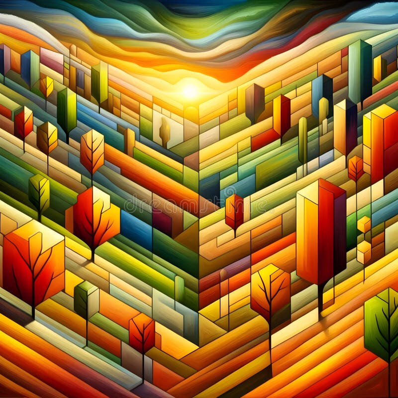 Surreal Cubist Hilly Fall Landscape with Patchwork Trees that Overlap ...