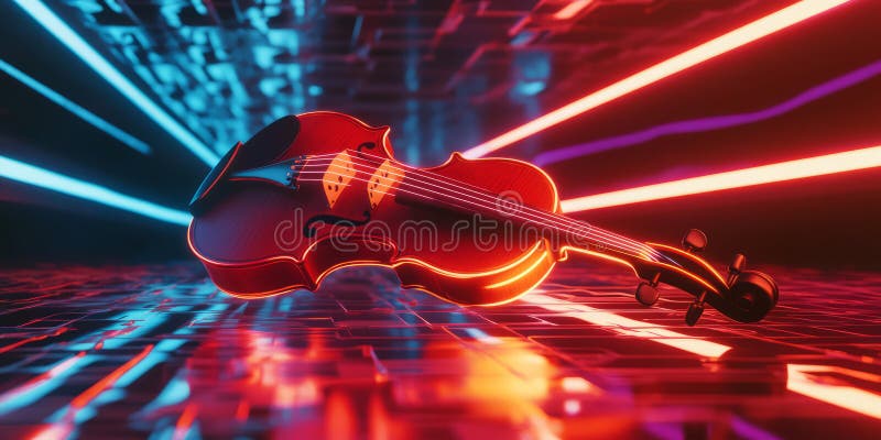 A Surreal 3D Abstract Background Featuring a Levitating Neon Violin Bow ...