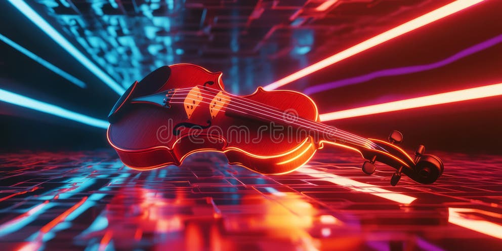 A Surreal 3D Abstract Background Featuring a Levitating Neon Violin Bow ...