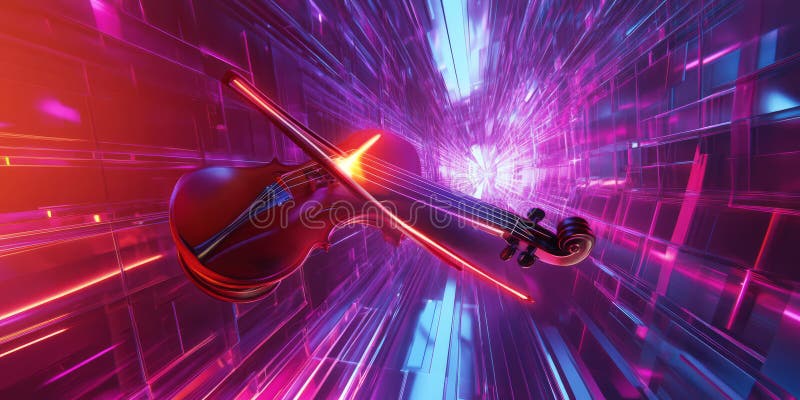 A Surreal 3D Abstract Background Featuring a Levitating Neon Violin Bow ...