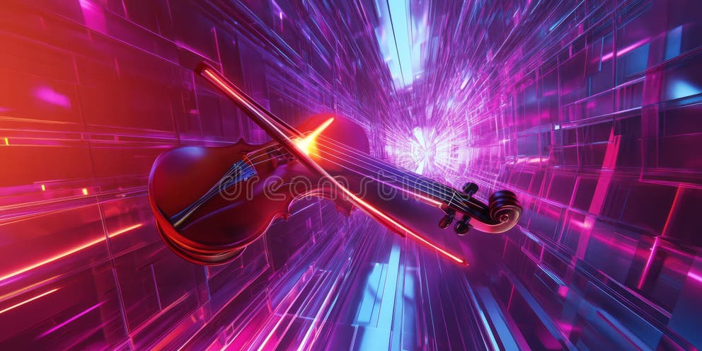 A Surreal 3D Abstract Background Featuring a Levitating Neon Violin Bow ...