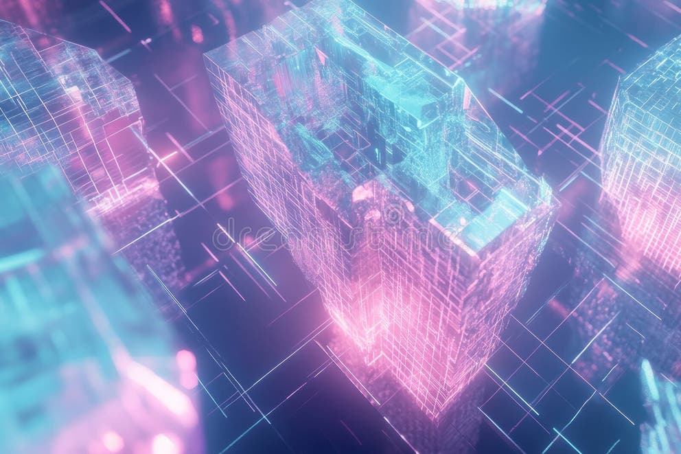 A Surreal 3D Abstract Background with Floating Crystalline Structures Embedded in a Network of ...