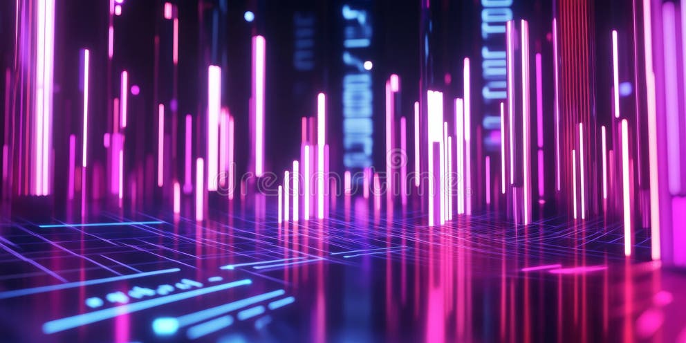A Surreal 3D Abstract Background Showcasing an Array of Glowing, Floating Equalizer Bars Pulsing ...