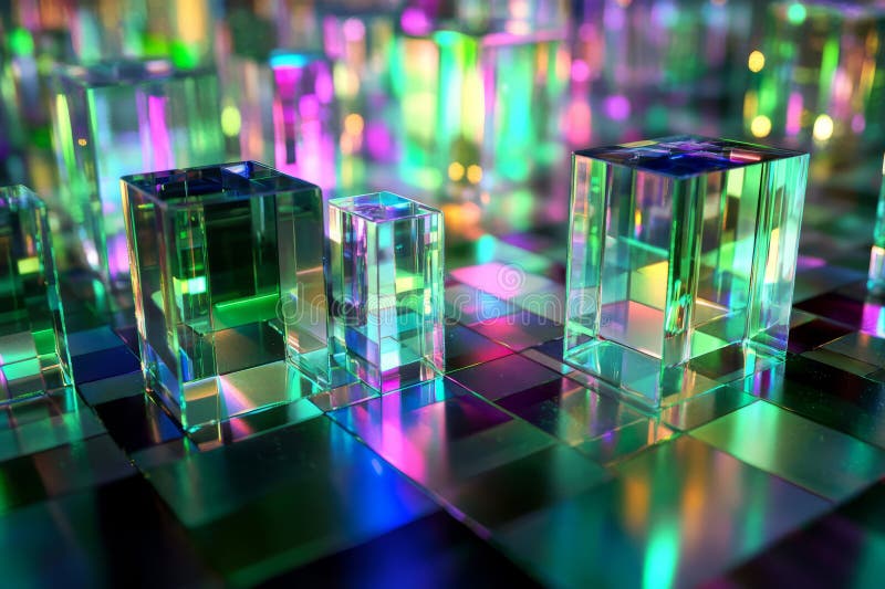 A Surreal 3D Abstract Background Showcasing an Endless Array of Floating, Reflective Prisms that ...