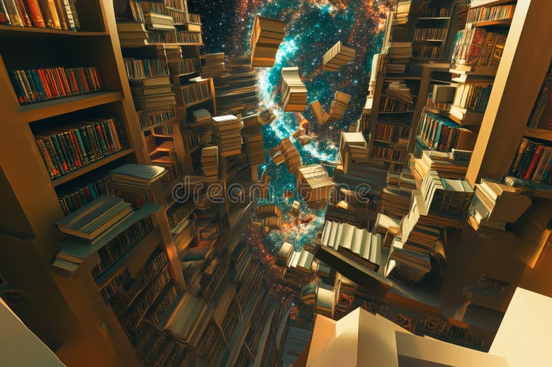 A Surreal 3D Background of an Infinite Library Where Books Hover in ...