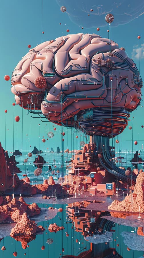 Surreal 3D Illustration of an Electronic Brain Dreaming of Complex Data ...