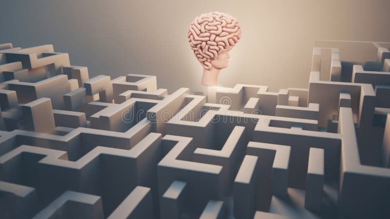 The Surreal 3D Illustration Shows a Labyrinth, with a Brain in the Form ...