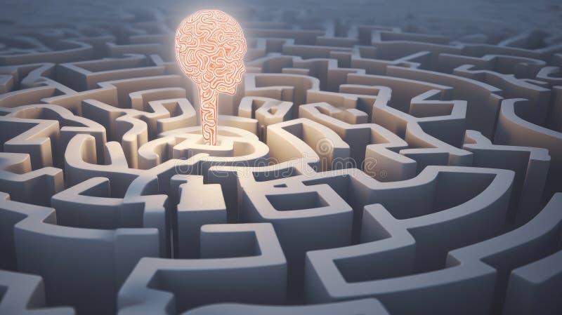 The Surreal 3D Illustration Shows a Labyrinth, with a Brain in the Form of a Light Bulb in the ...