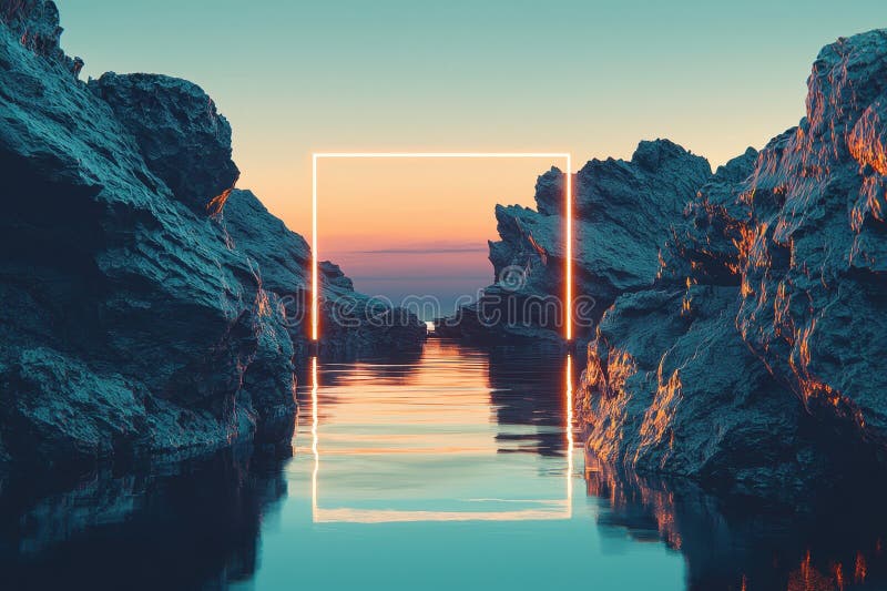 Surreal 3D Landscape with Neon Rectangle and Reflective Water Stock ...