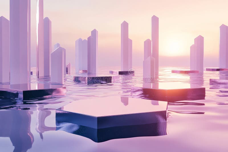 A Surreal 3D Landscape Where Hexagonal Platforms Hover Above a Liquid ...