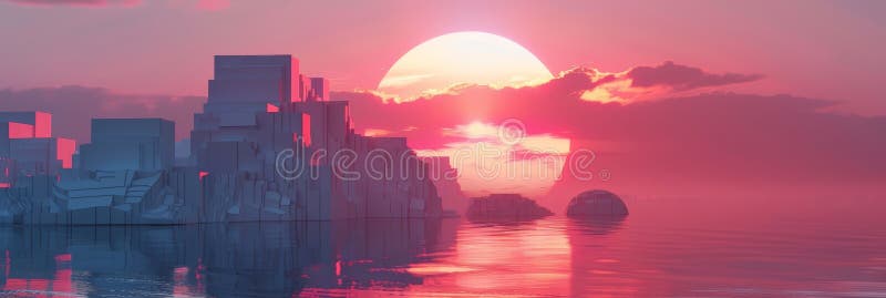 A Surreal 3D Rendering of a Geometric Sunset in a Digital World Stock ...