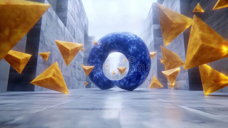 A Surreal 3D Scene Featuring a Blue Toroidal Shape Surrounded by Golden ...