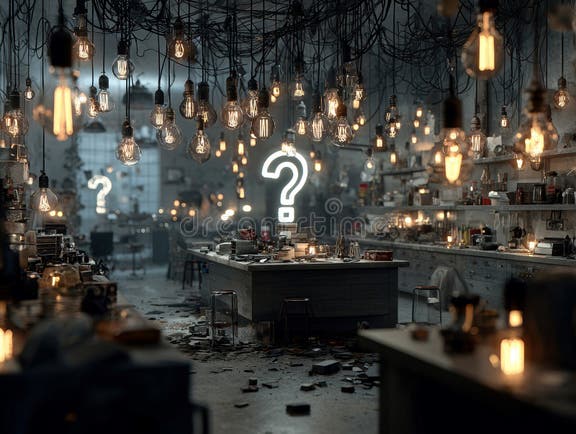 A Surreal 3D Scene Featuring a Cluttered Workspace with Industrial ...