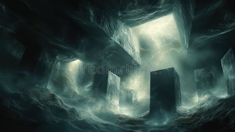 A Surreal, Dark Landscape with Towering Structures and Ethereal Light ...