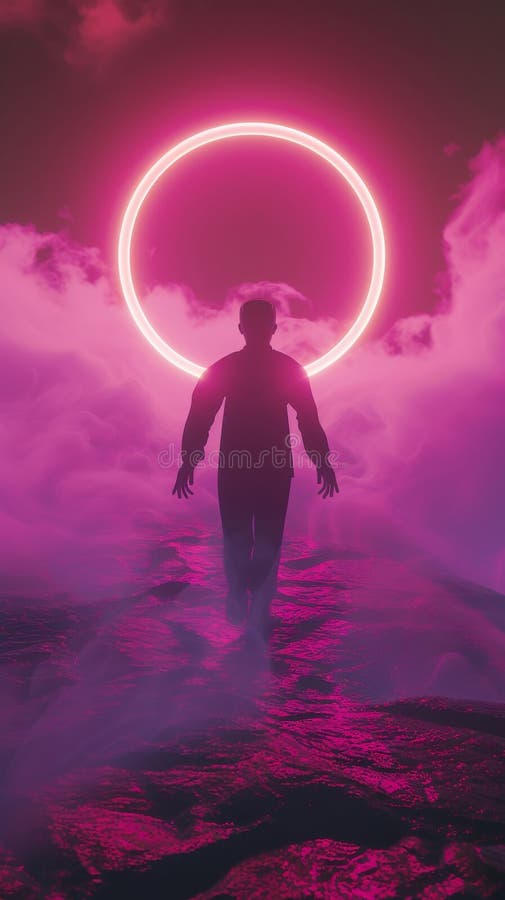 A Surreal Deity Floating Above the Ground Surrounded by Swirling Neon ...