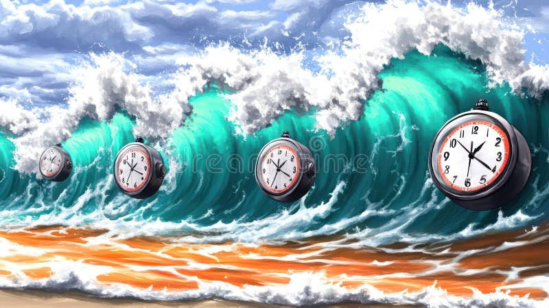 A Surreal Depiction of Clocks within Crashing Ocean Waves, Symbolizing ...