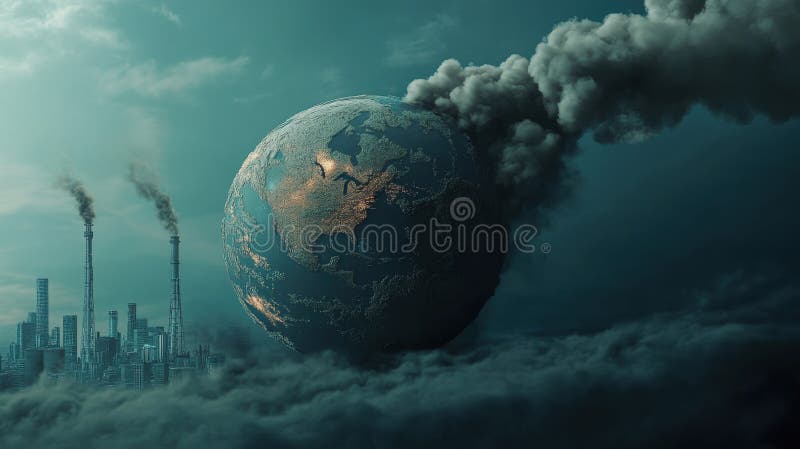 Surreal Depiction of Earth Surrounded by Industrial Pollution and Smoke ...