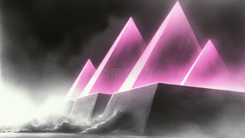 A Surreal Depiction of Glowing Pink Pyramids Emerging from a Misty ...