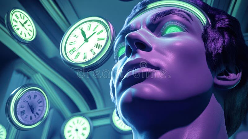 A Surreal Depiction of a Humanoid Figure Surrounded by Floating Clocks ...