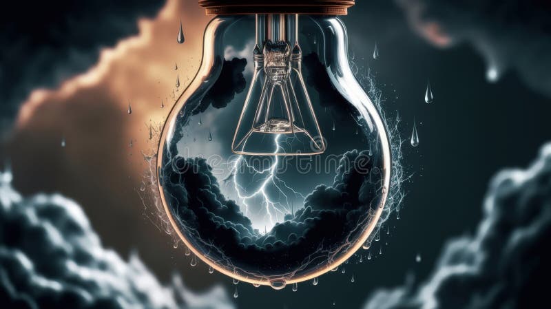 Surreal Depiction of a Lightning Storm Inside a Light Bulb Surrounded ...