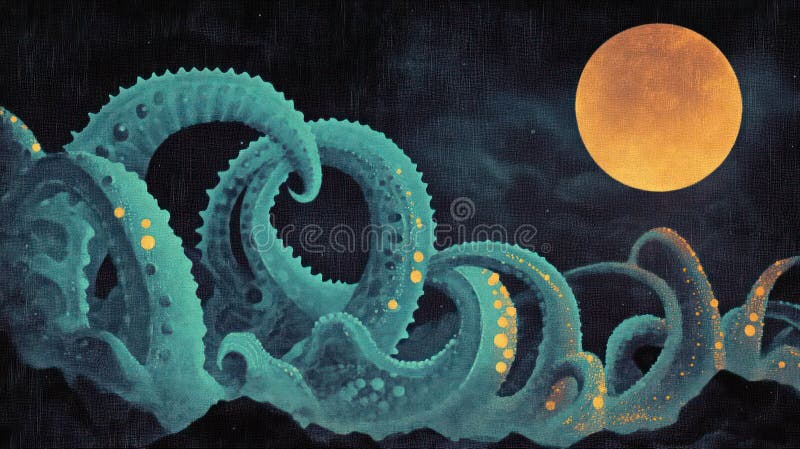 A Surreal Depiction of Octopus Tentacles Under a Full Moon in a Dark ...