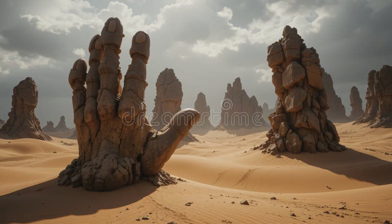 Surreal Desert with Colossal Stone Hand on Sandy Backdrop Stock Image ...