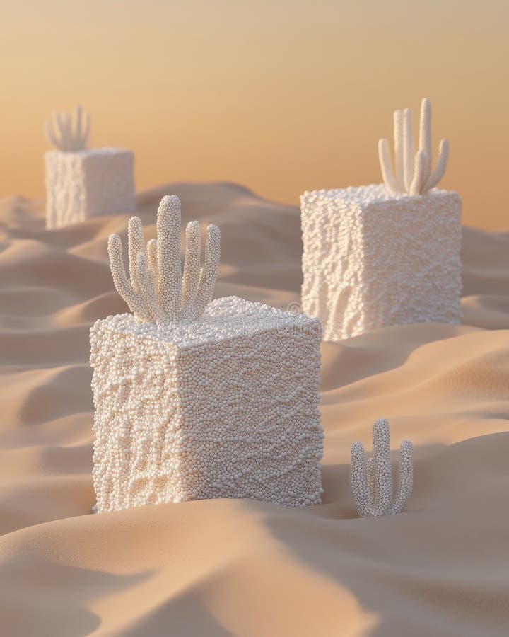 Surreal Desert Landscape with Cube Shaped Objects and Cacti Stock ...