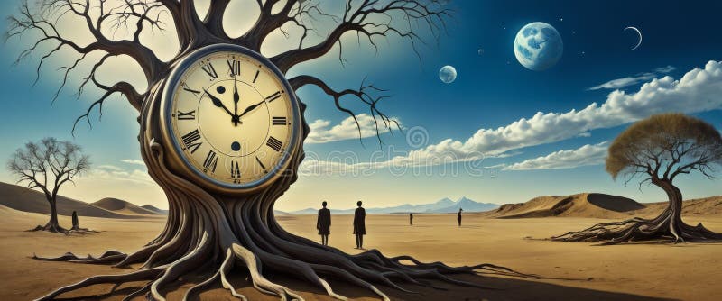 Surreal Desert Scene with Clock Tree and Planets Stock Photo - Image of ...