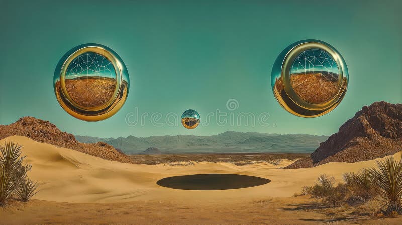 A Surreal Desert Landscape with Floating Reflective Spheres and a Dark ...