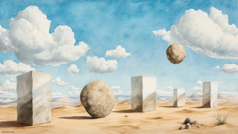 Surreal Desert Landscape with Floating Stones and Monoliths Under a ...