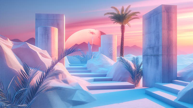 Surreal Desert Tropical Landscape for Product Presentation Background ...