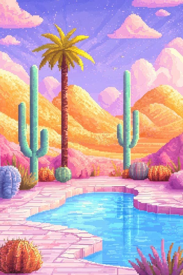 Surreal Desert Landscape with Pool, Palm Trees, and Cacti Stock ...