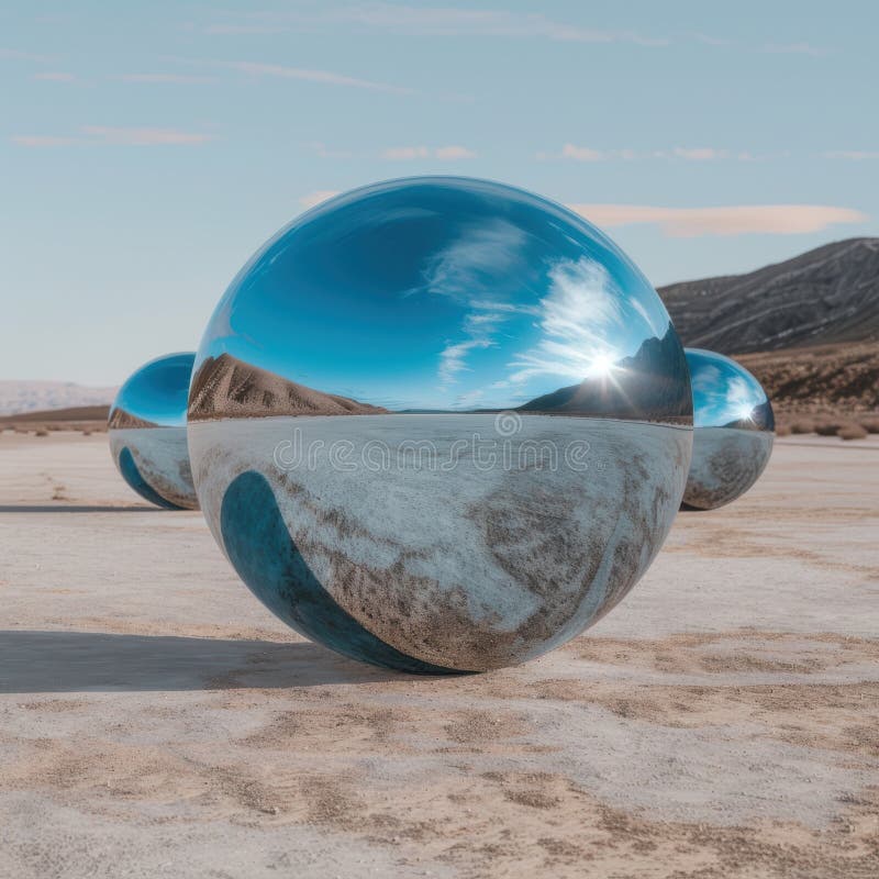 Surreal Desert Landscape Reflected in Glass Spheres Stock Illustration ...