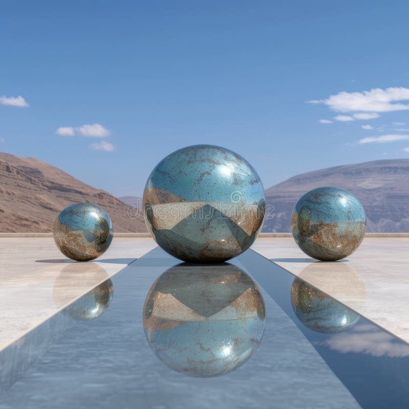 Surreal Desert Landscape with Reflective Spheres Stock Illustration ...