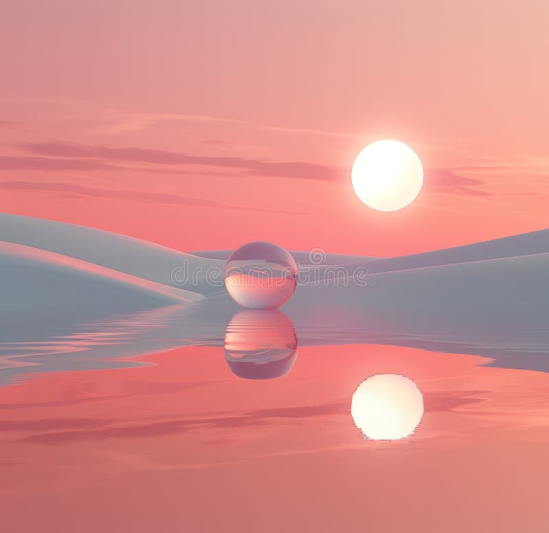Surreal Desert Landscape with Sun and Reflective Sphere at Sunset Stock ...