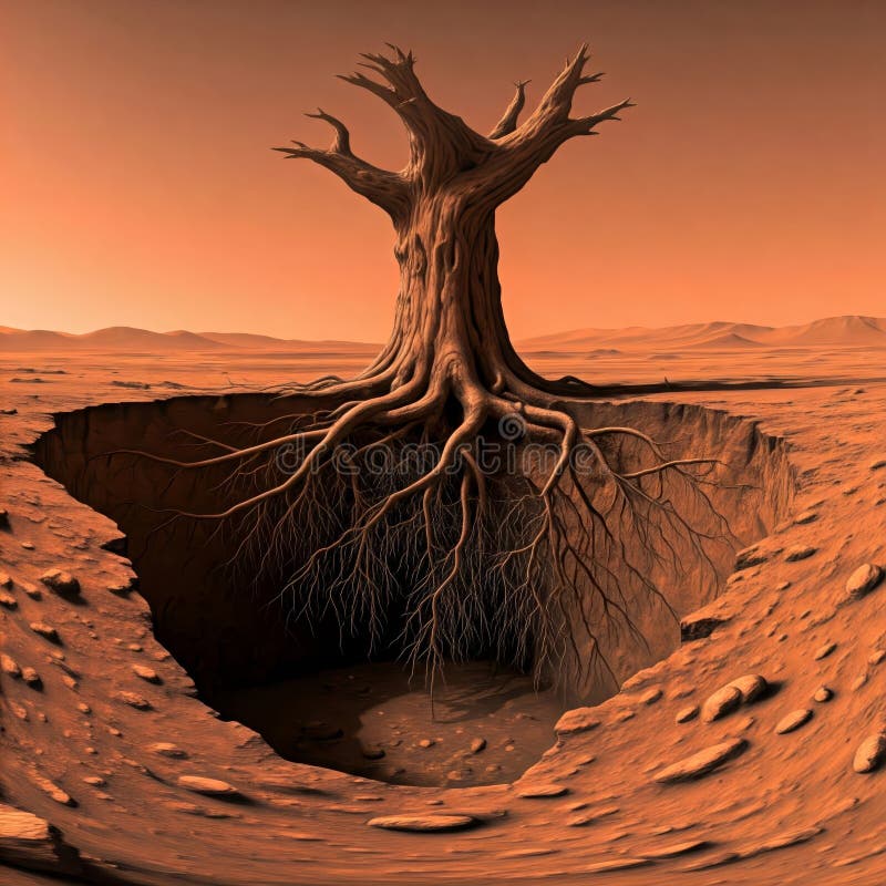 Surreal Desert Landscape with Tree Growing from Deep Crater in Arid ...