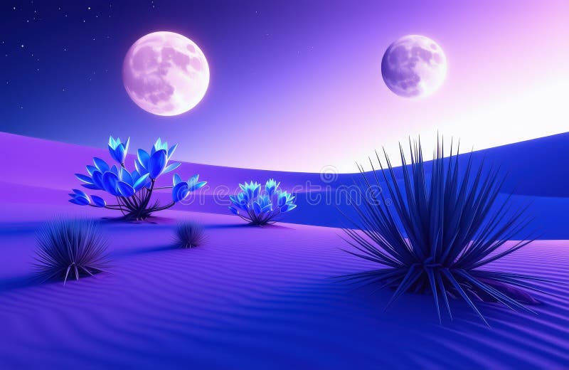 Surreal Desert Landscape with Two Moons and Vibrant Plants at Night. AI ...