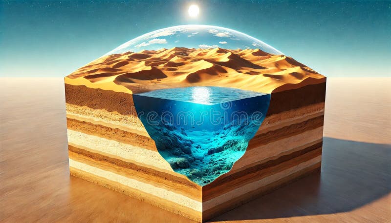 Surreal Desert and Ocean Cross-section with Exposed Layers Under Dome ...