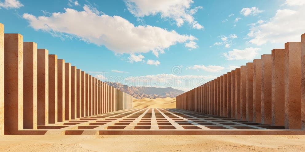 Surreal Desert Scene with Columns and Blue Sky Stock Illustration ...