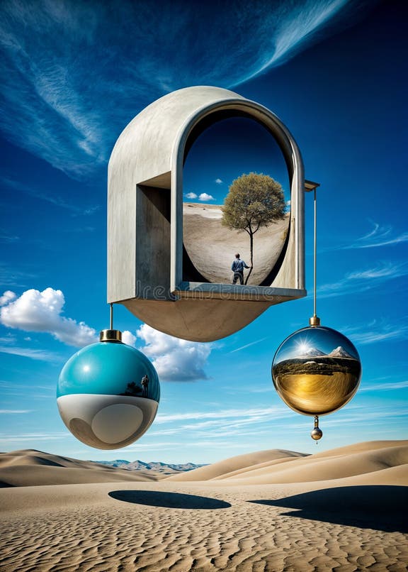 Surreal Desert Scene with Floating Objects Stock Illustration - Illustration of desert, objects ...