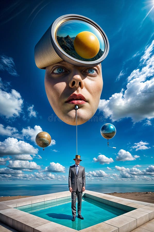 Surreal Desert Scene with Floating Objects Stock Illustration ...