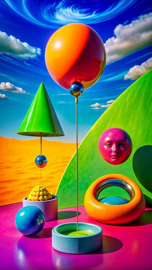 Surreal Desert Scene with Floating Objects Stock Illustration ...