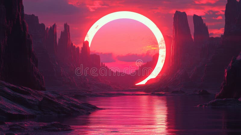 Surreal Desert Sunset with Glowing Ring Stock Illustration ...